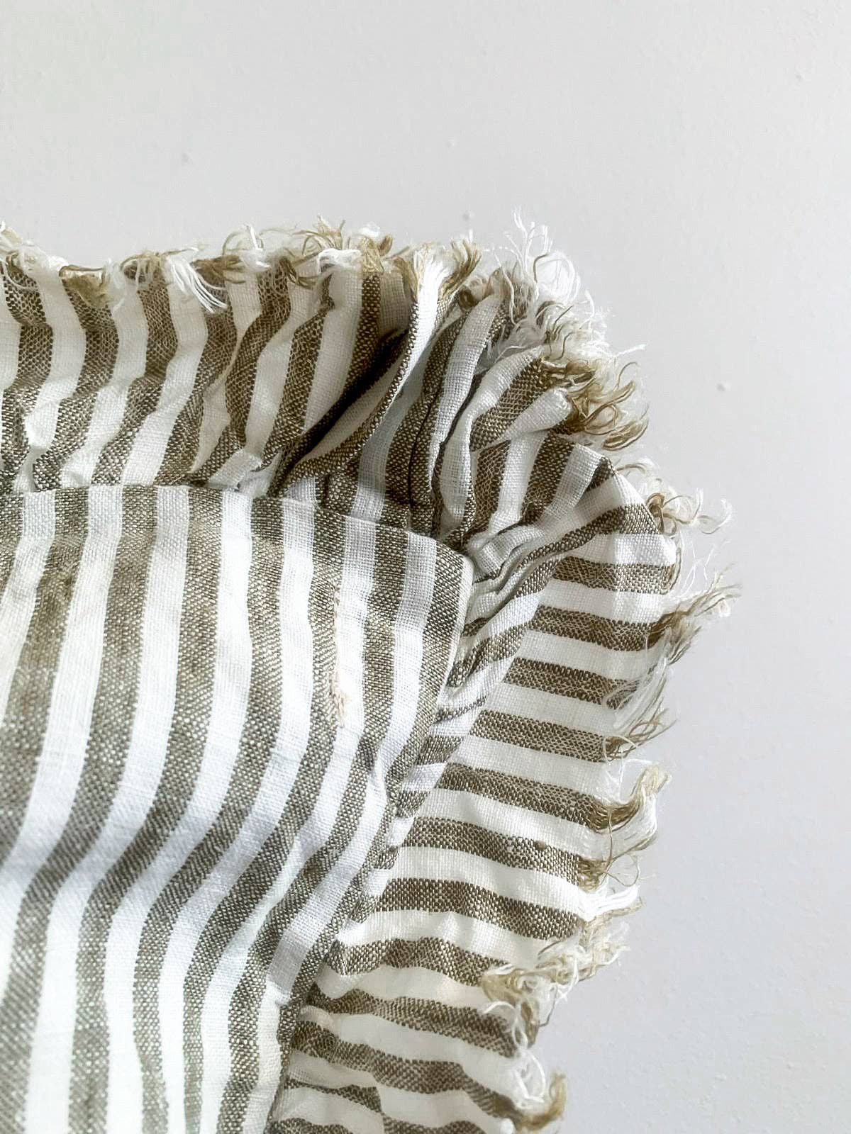 Pure French Linen Frayed Edge Ruffle Cushion - Olive Pinstripes – The ...